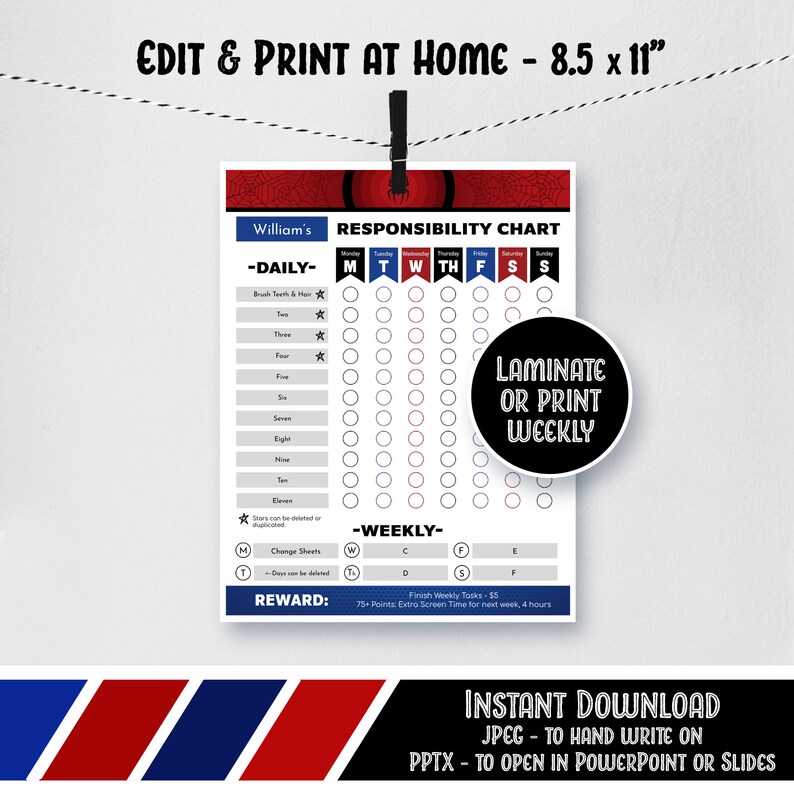 Spider Superhero Themed Chore Chart, Weekly & Daily Tasks, Daily ...