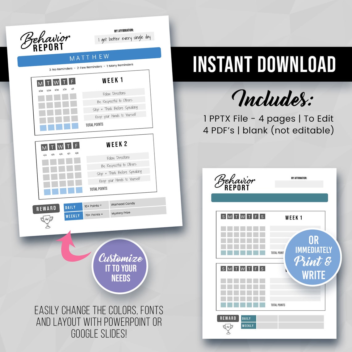 Behavior Report Chart Printable Editable Daily Weekly | Etsy