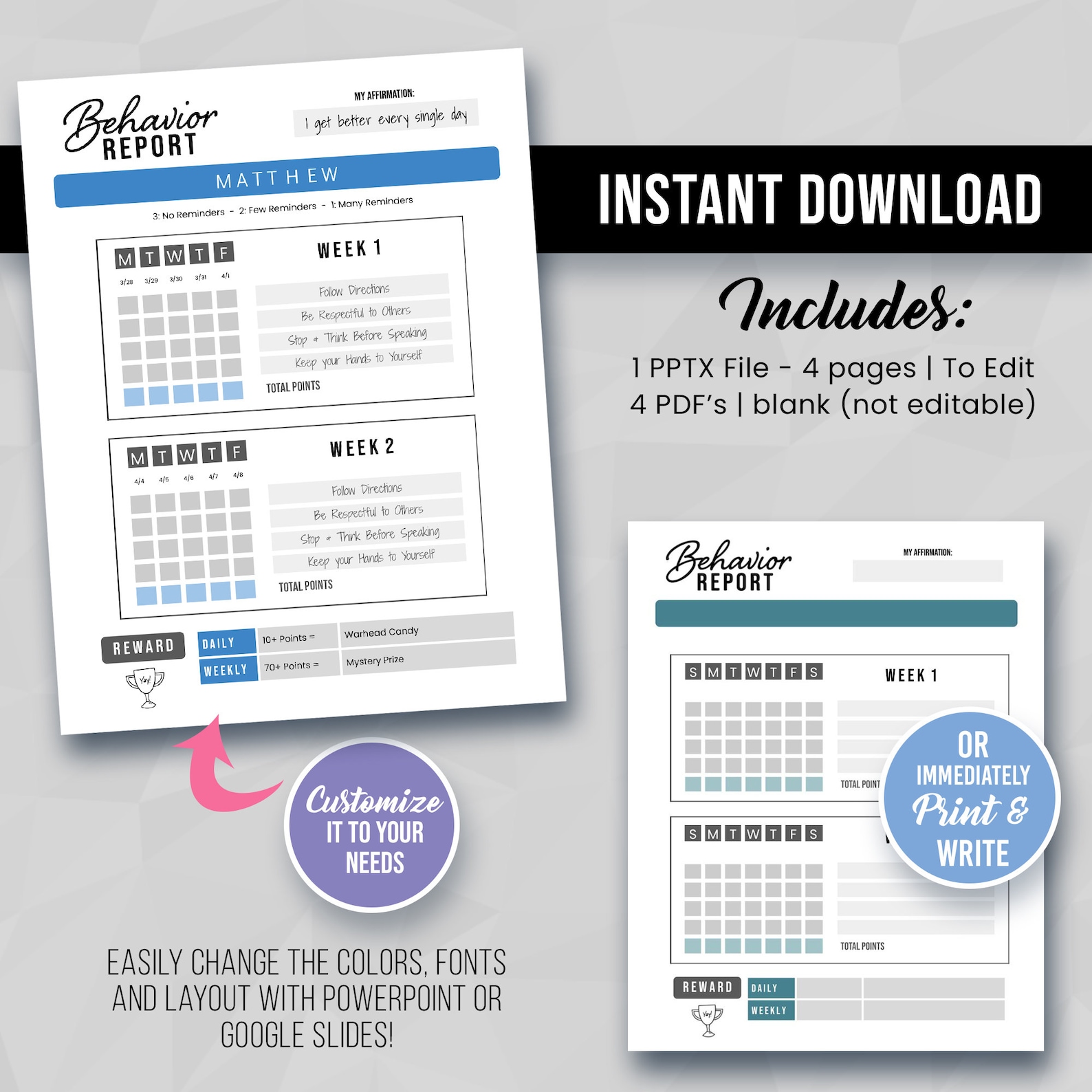 Behavior Report Chart Printable Editable Daily Weekly | Etsy