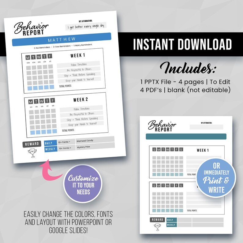 Behavior Report Chart Printable Editable Daily Weekly - Etsy
