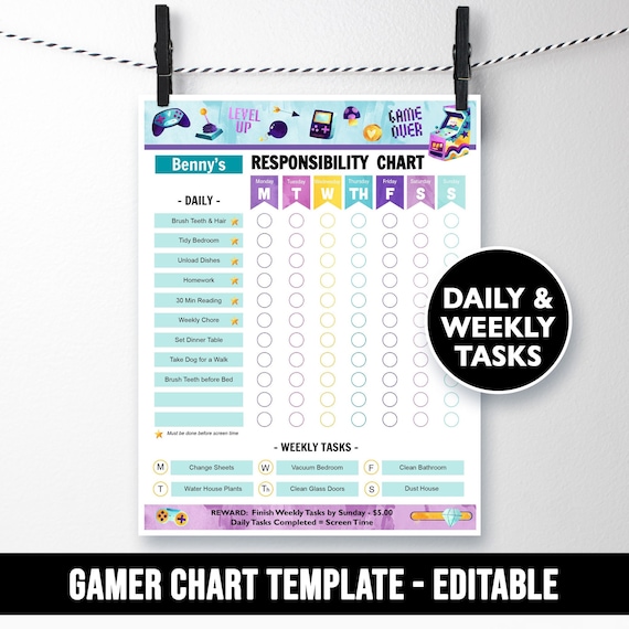 Editable Gamer Chore Chart Kids Weekly & Daily Tasks - Etsy