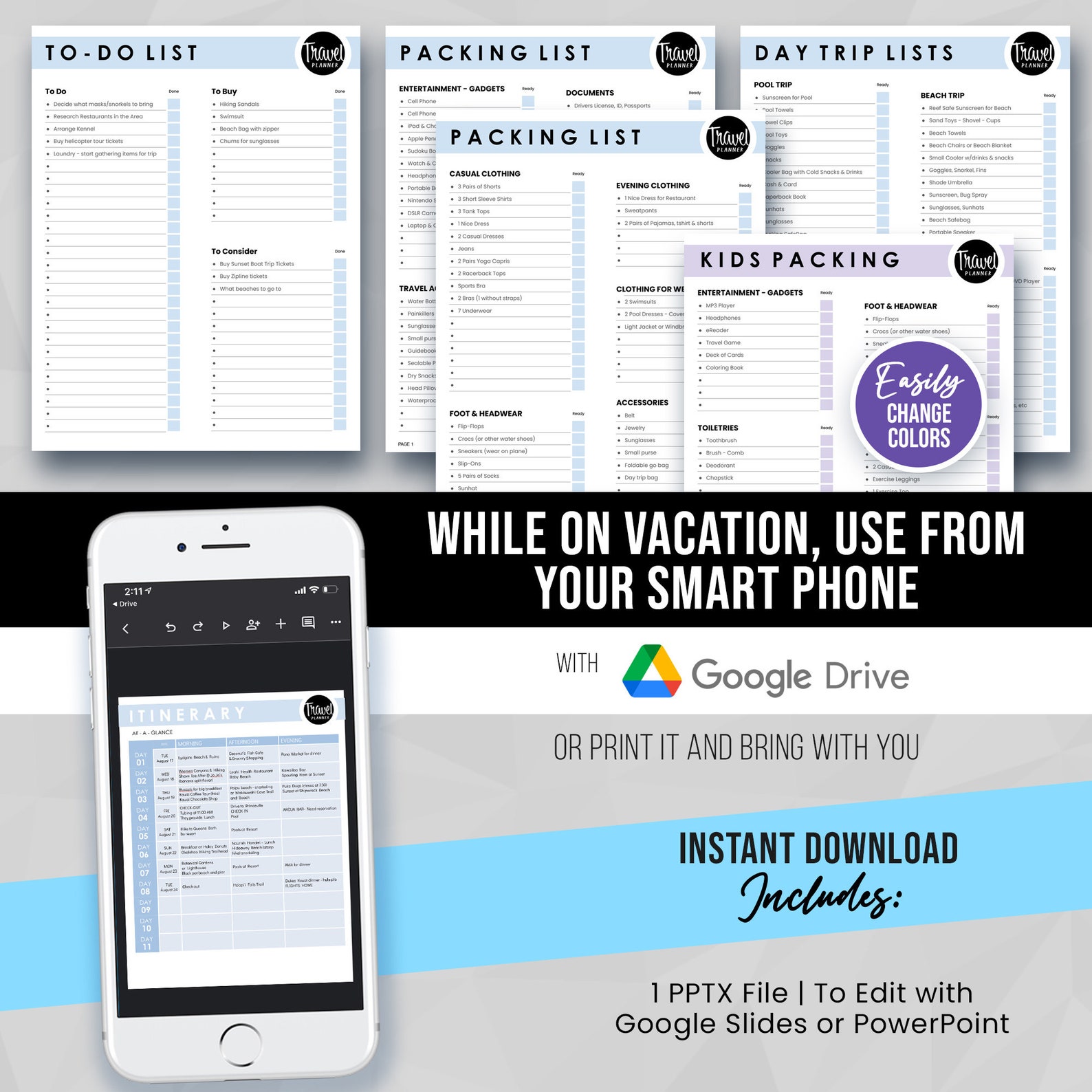 Editable Travel Itinerary & Packing List, Trip Checklist, Vacation ...