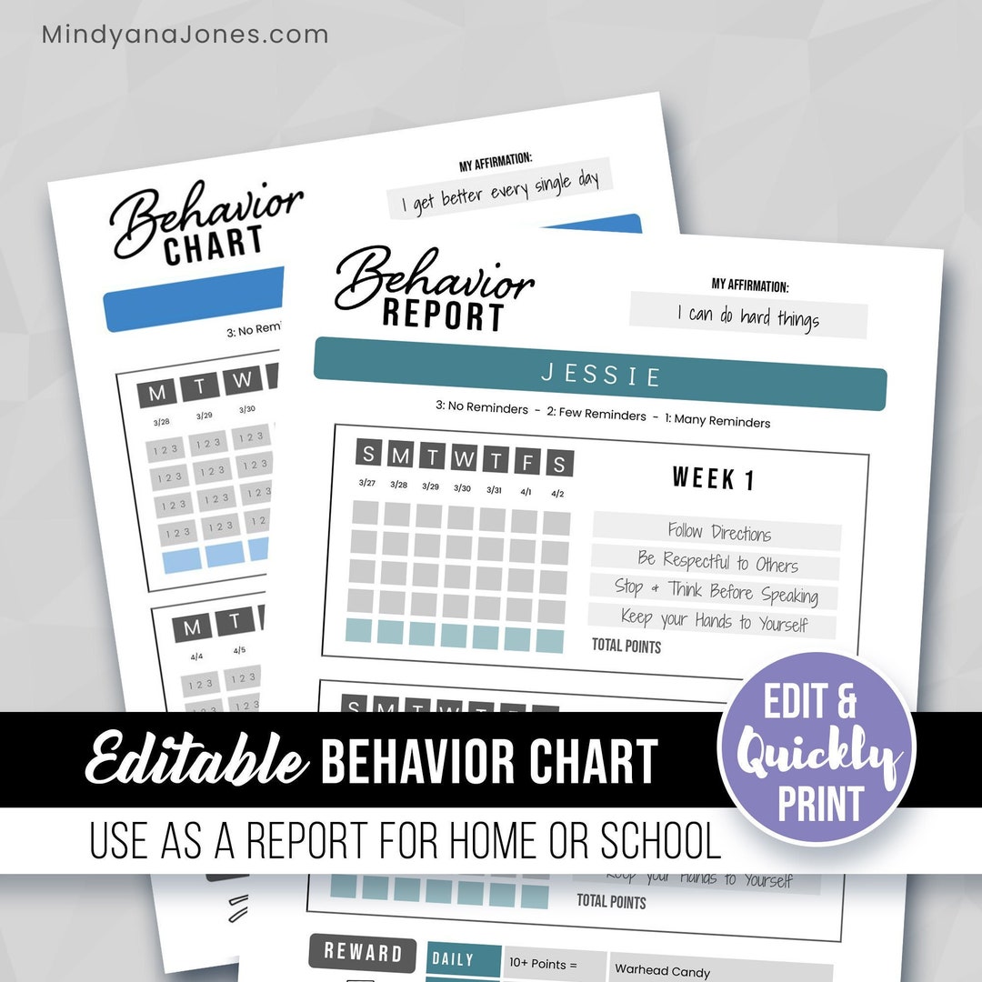 Behavior Report Chart - Printable Editable | Daily Weekly Improvement ...