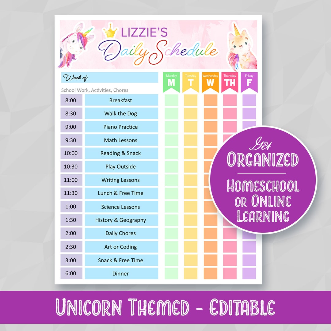 Daily Schedule Template, Unicorn, Cat, Rainbow, Kids Homeschool, Online ...