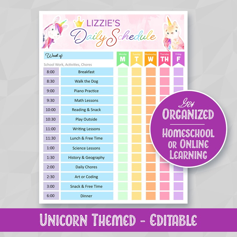 Daily Schedule Template, Unicorn, Cat, Rainbow, Kids Homeschool, Online ...