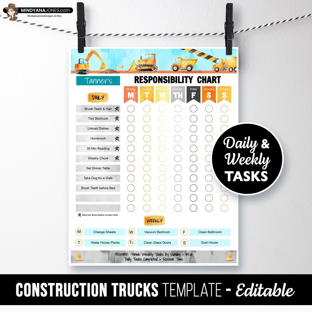 Editable Construction Trucks Chore Chart, Kids Weekly & Daily Tasks ...