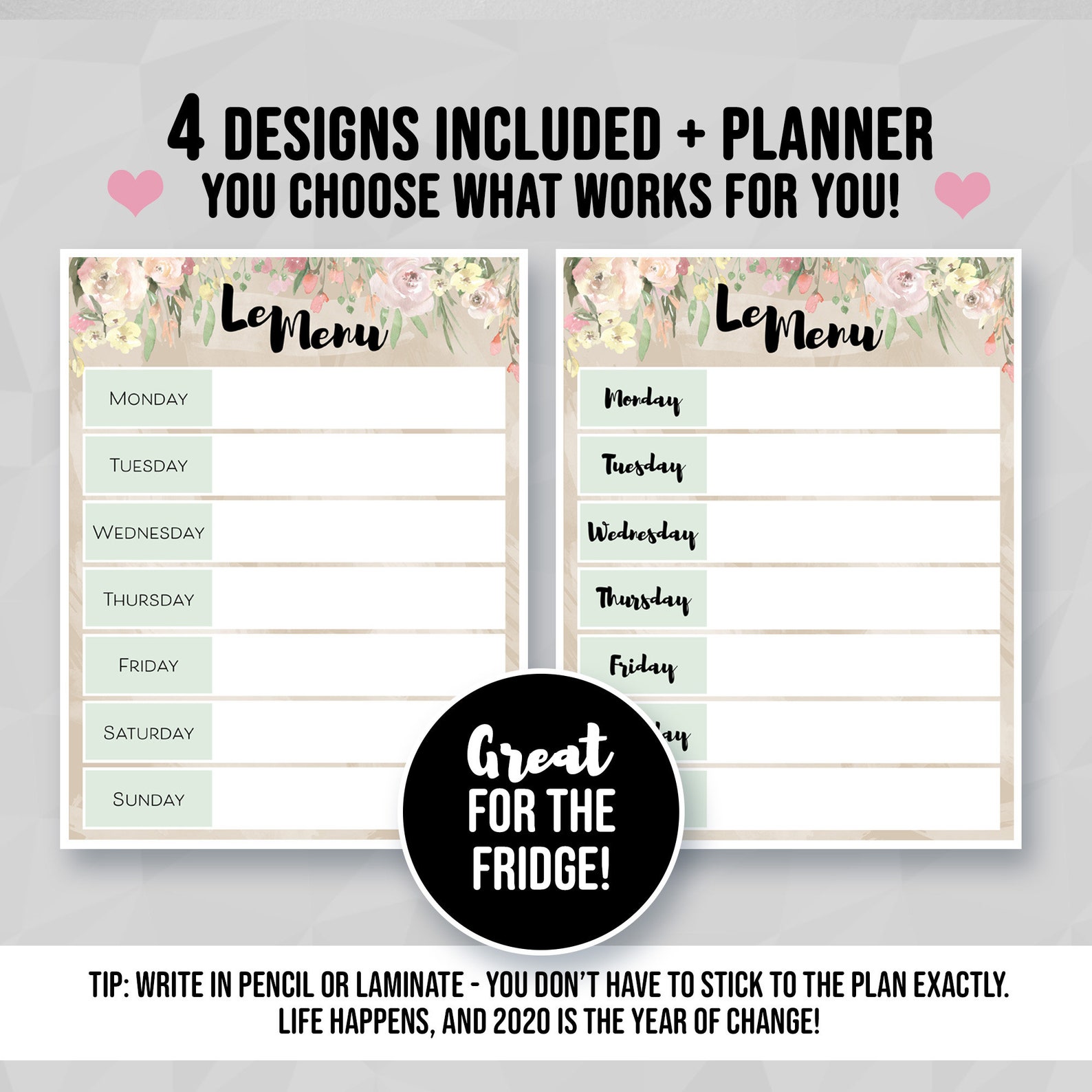 Printable Floral Menu, Planner, Grocery List, Neutral Colors, Weekly ...