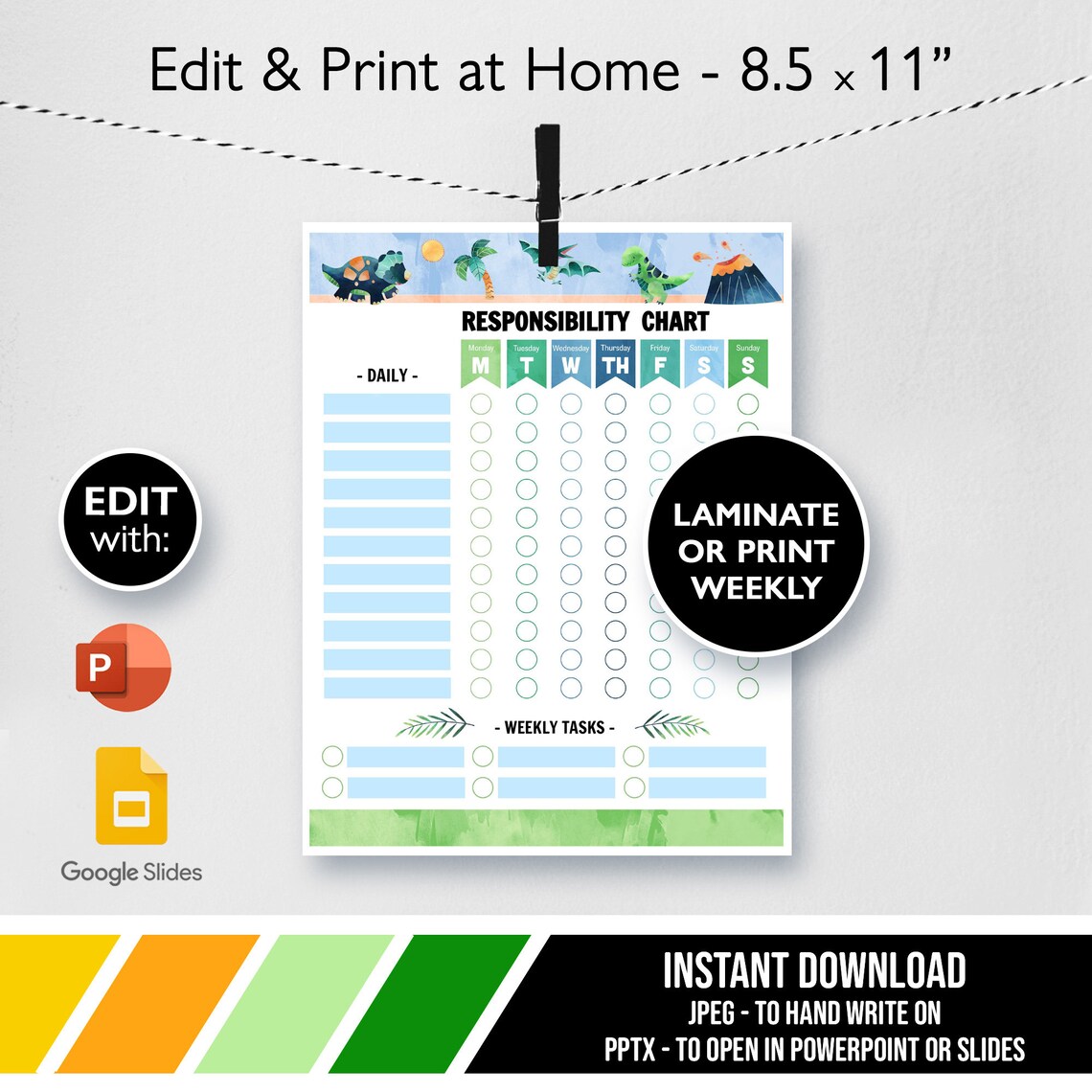 Editable Dinosaur Chore Chart Kids Weekly & Daily Tasks - Etsy