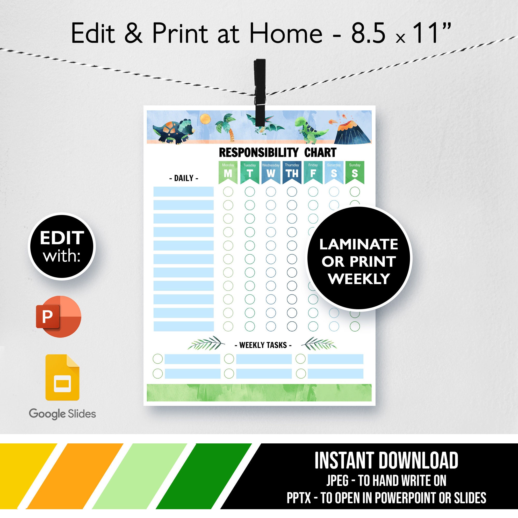 Editable Dinosaur Chore Chart Kids Weekly & Daily Tasks - Etsy