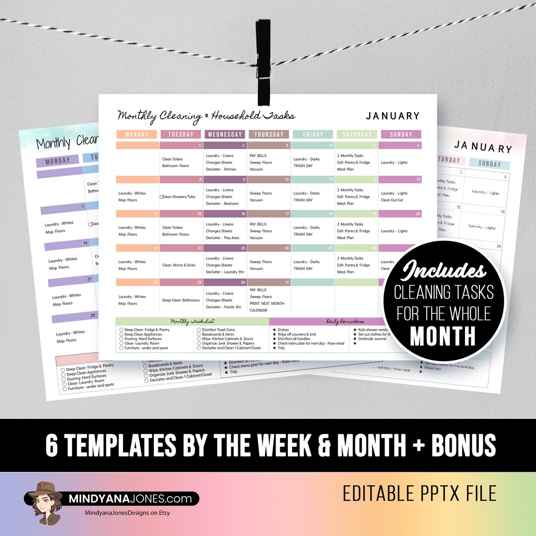 6 Editable Monthly Cleaning & Household Schedules, Printable Month Week ...