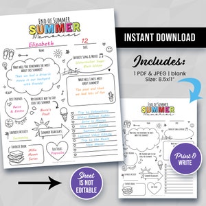 End of Summer Journal Memories and First Day of School Signs, Questions ...