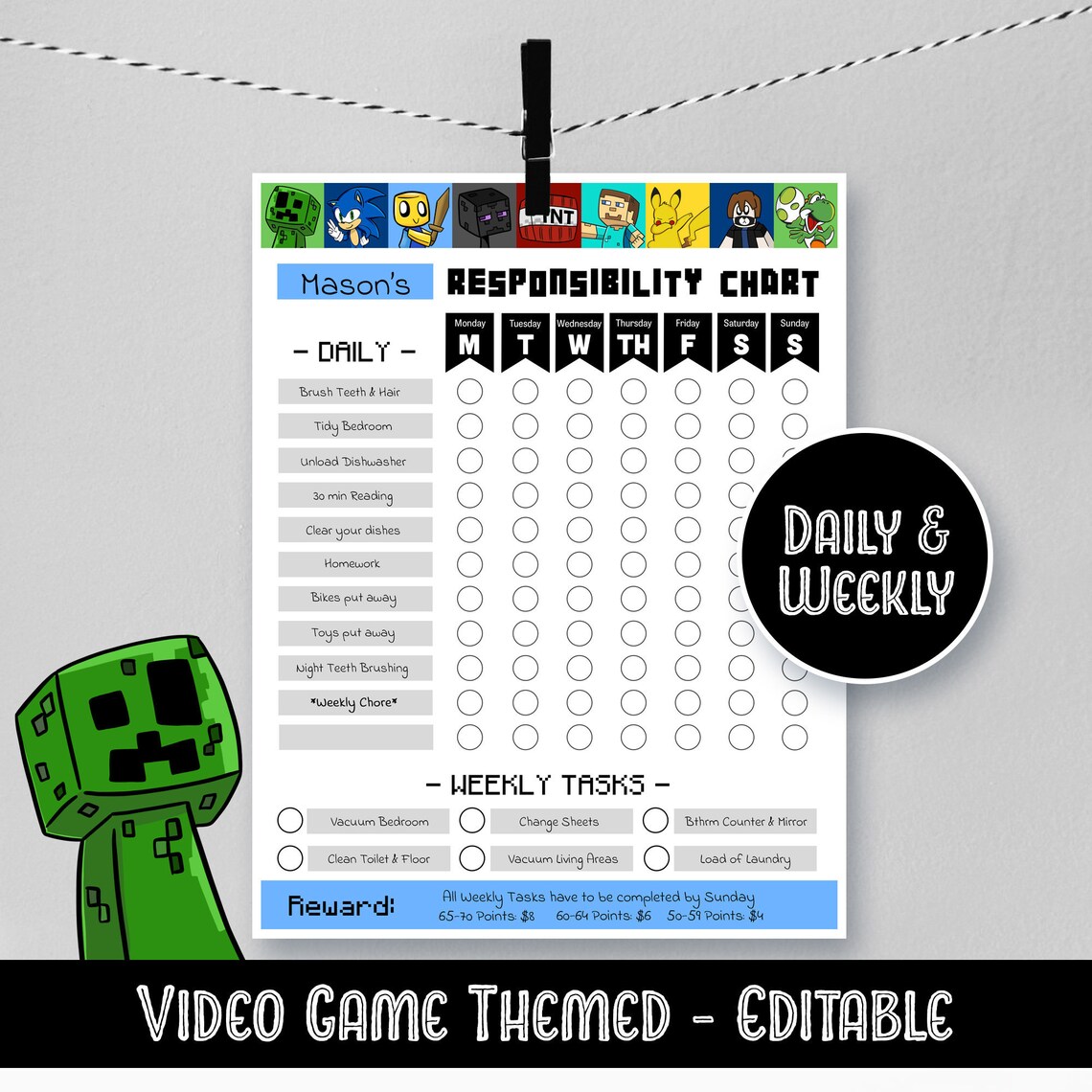 Video Game Chore Chart v2 Weekly & Daily Tasks Daily | Etsy