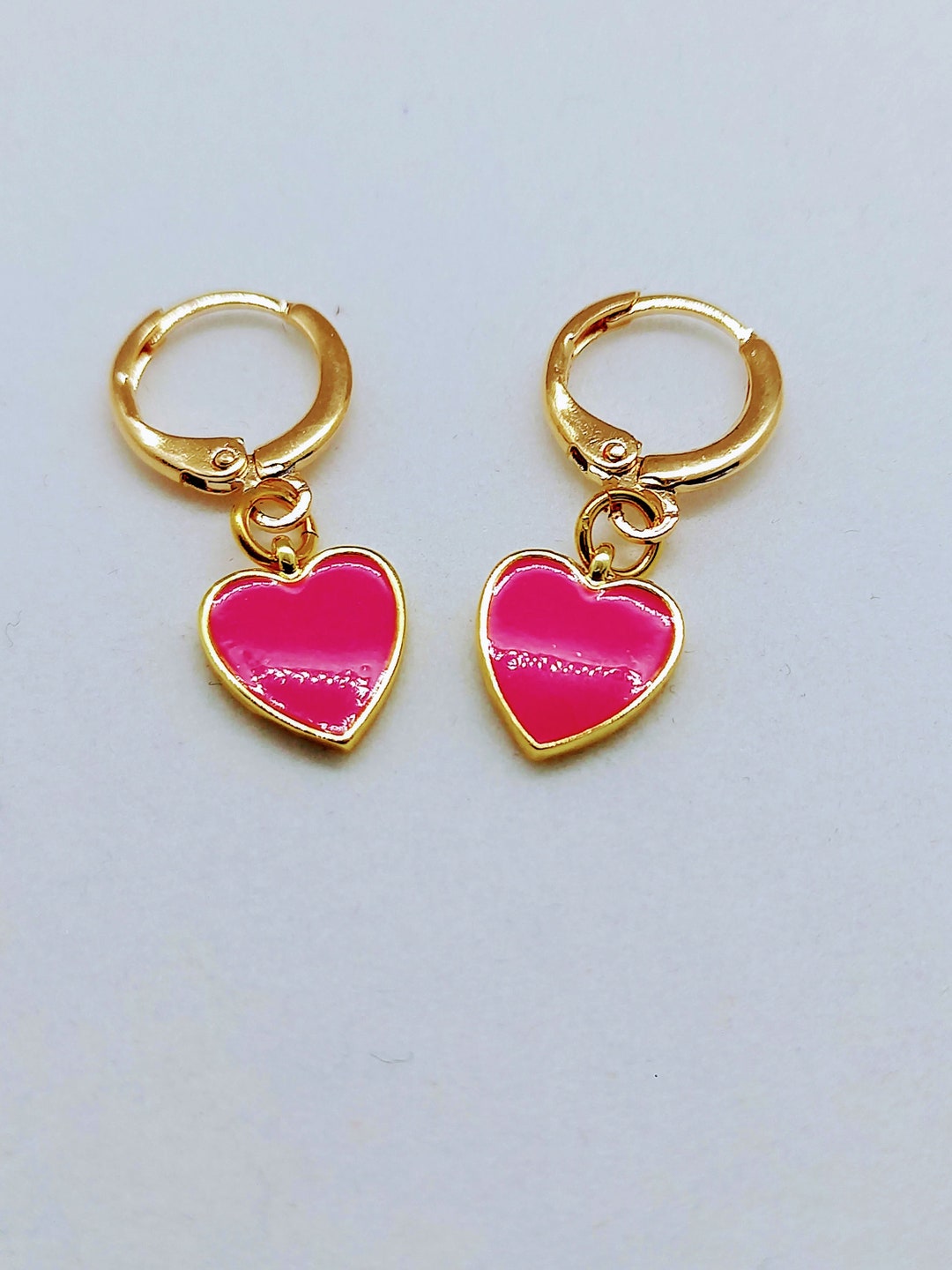 Gold Huggie Hoops, Pink Heart Earrings - Etsy