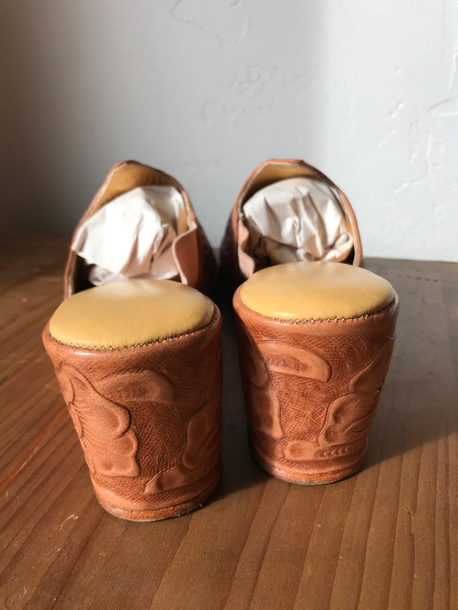 Mexican Tooled Leather Platform Slides/mules, Natural Leather Mules ...