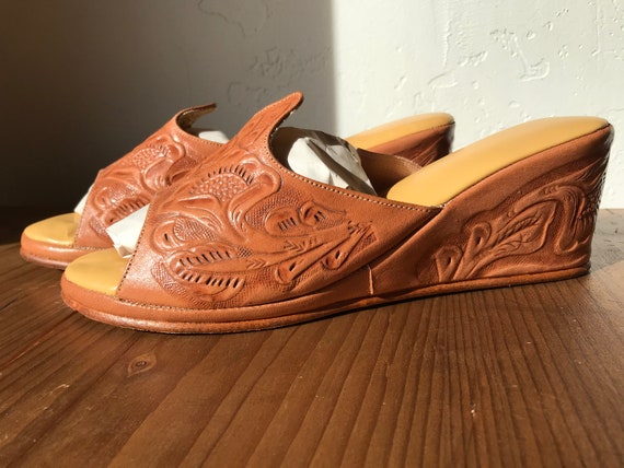 Mexican Tooled Leather Platform Slides/Mules, natural… - Gem