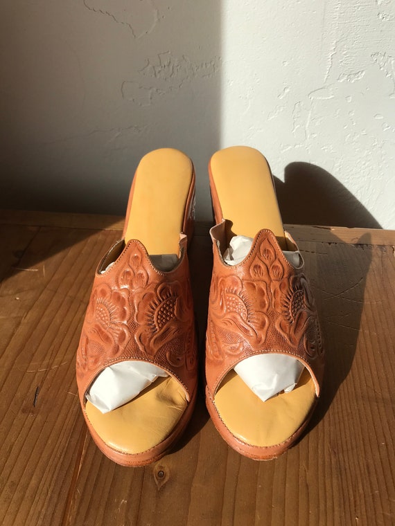 Mexican Tooled Leather Platform Slides/Mules, natural… - Gem