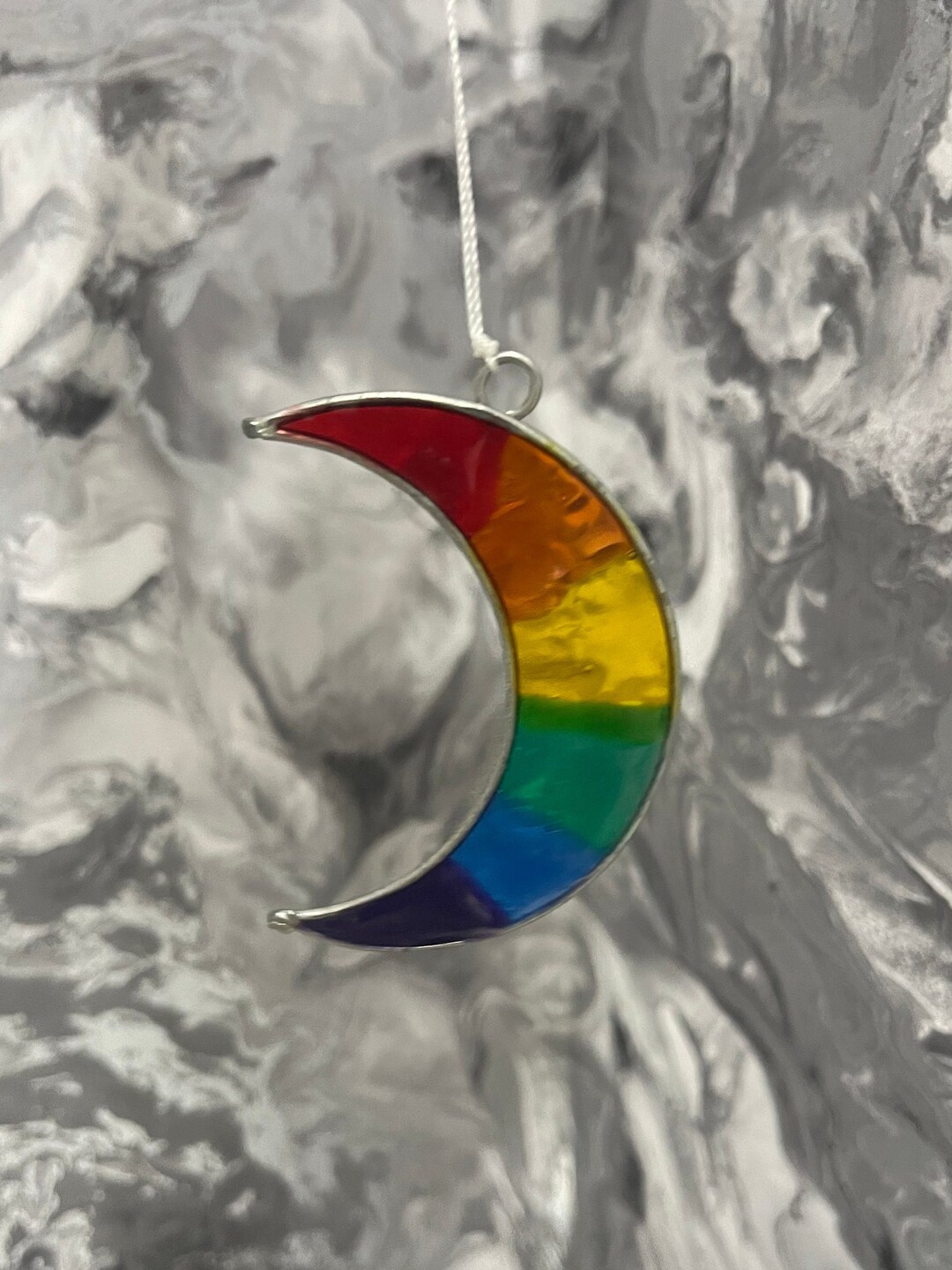 Rainbow Crescent Moon Suncatcher: Handmade Stained Glass Garden Decor ...