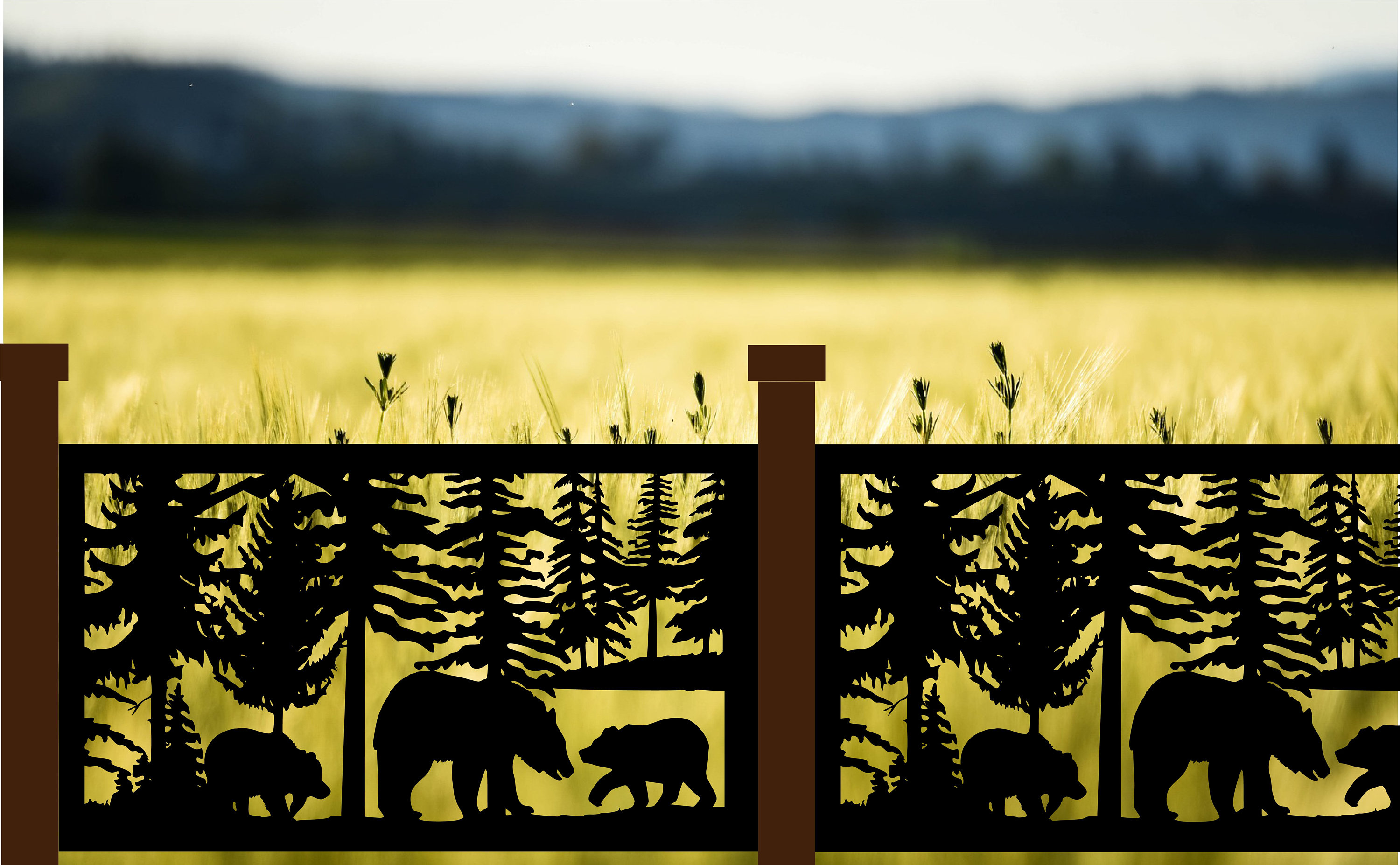 Decorative Rustic Railings and Metal Panel, Wildlife Scenery With Bear ...