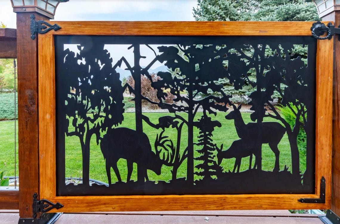 Decorative Rustic Railing Insert and Metal Panel, Wildlife Scenery With ...