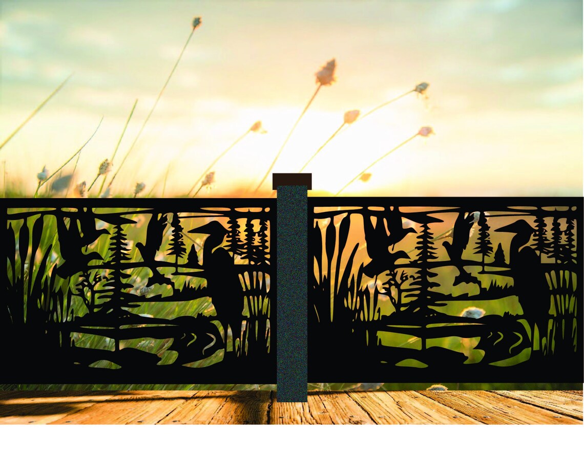Decorative Rustic Railings, Wildlife Scenery With Flying Ducks and ...
