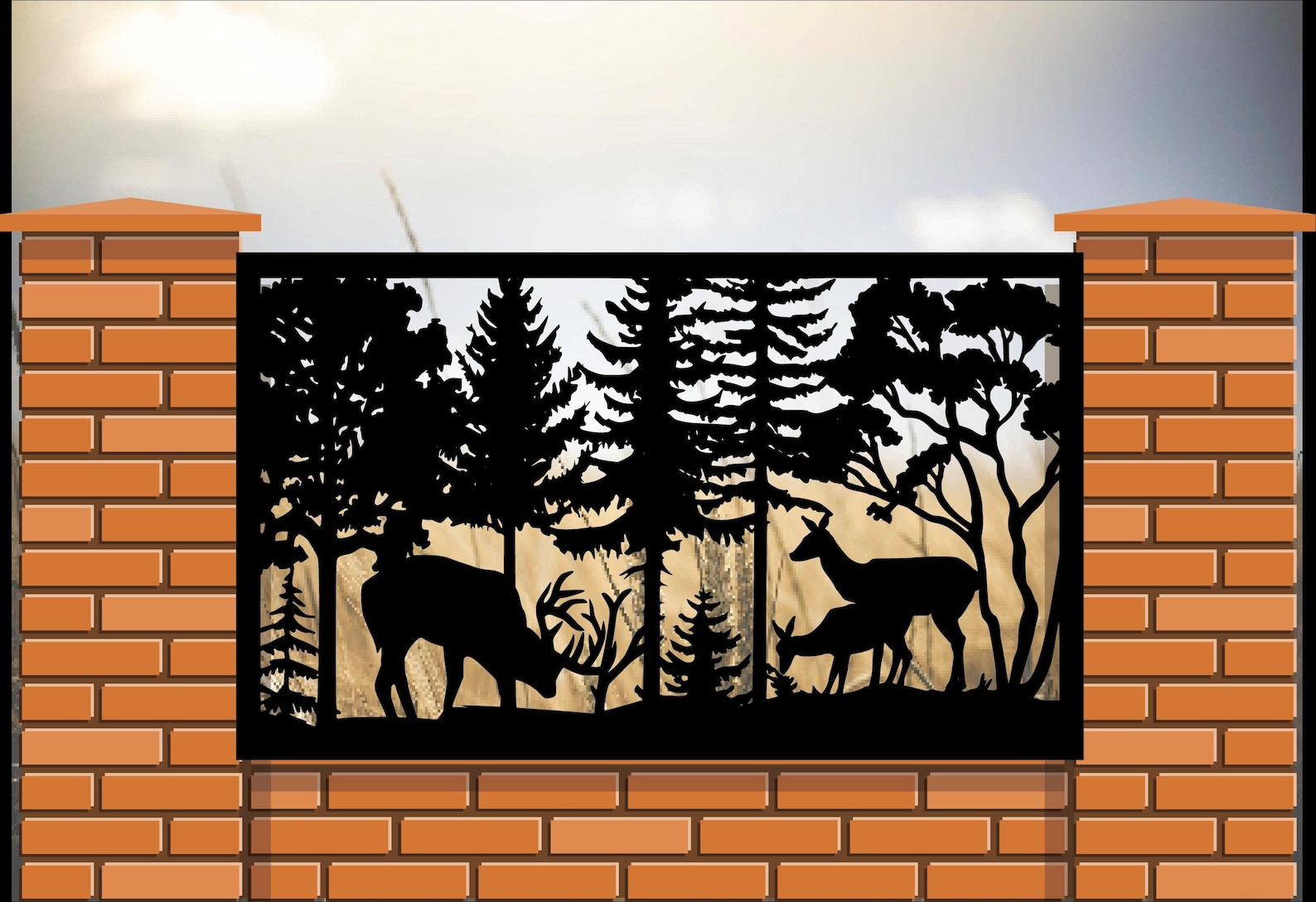 Decorative Rustic Railing Insert and Metal Panel, Wildlife Scenery With ...