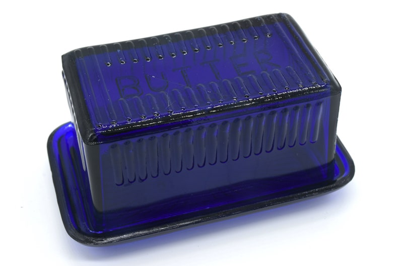 Large Transparent Cobalt Blue Clear Glass Textured Farmhouse Butter ...