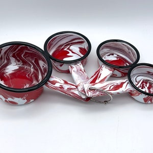 Amazing RED & White Marbled Splatter Enamelware Measuring Cups 1/4 1/3 ...