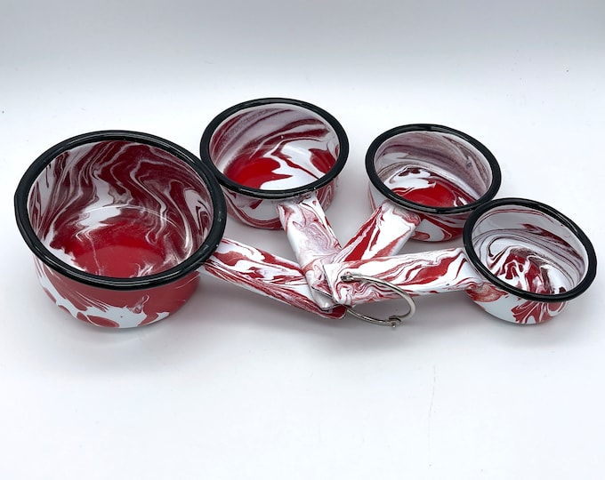 Amazing RED & White Marbled Splatter Enamelware Measuring Cups 1/4 - 1/ ...