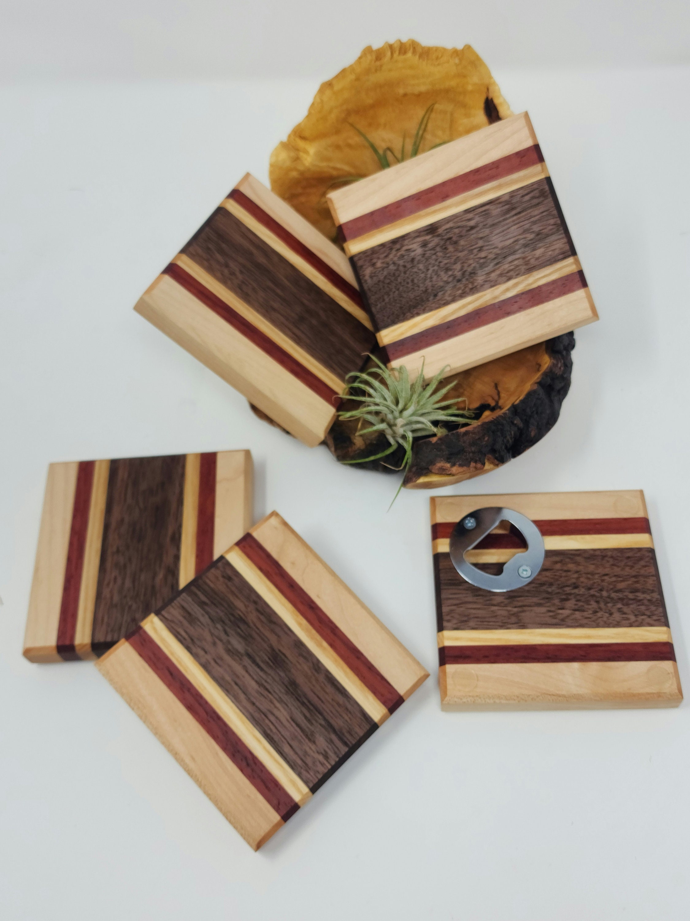 Solid Wood Coaster With Bottle Opener Handmade, Walnut, Padauk, Ash ...