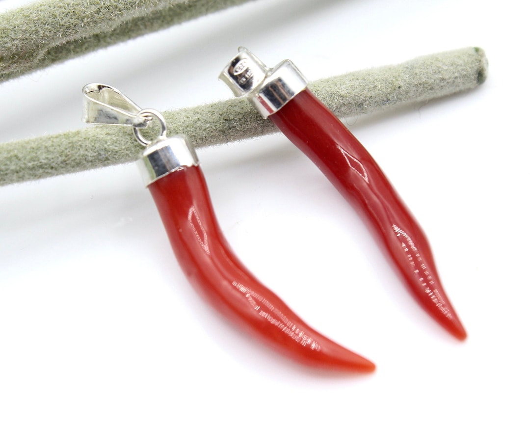 Deep Red Coral Horns, Sterling Silver 925, Horns Pendant, Mediterranean ...