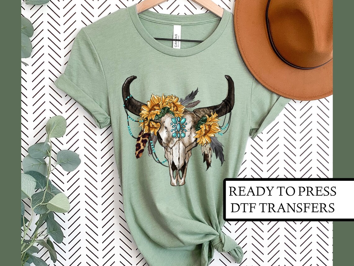 Cow Skull Turquoise, DTF Transfers, Ready to Press, T-shirt Transfers ...
