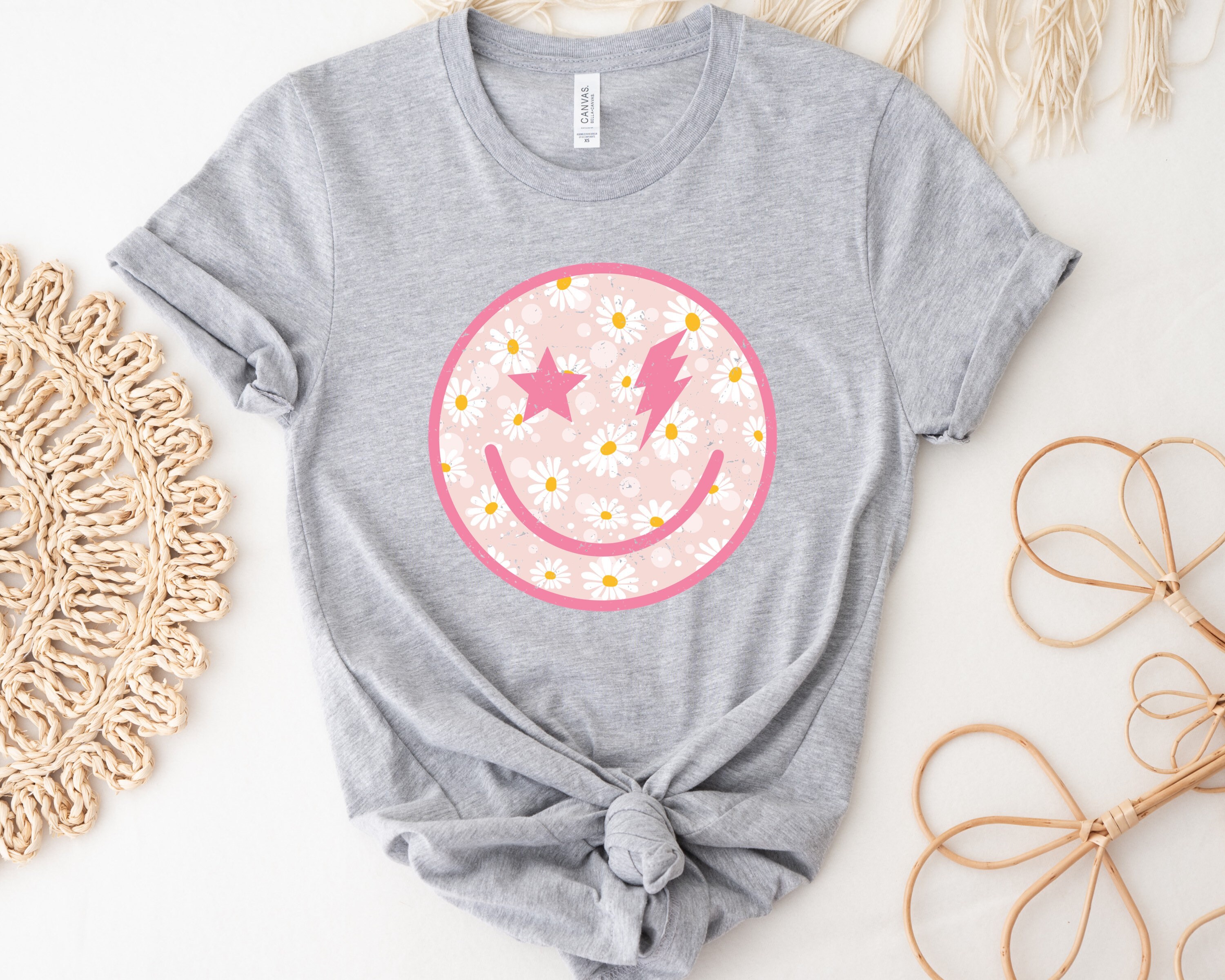 Pink Daisy Smiley Face DTF Transfers, Ready to Press, T-shirt Transfers ...