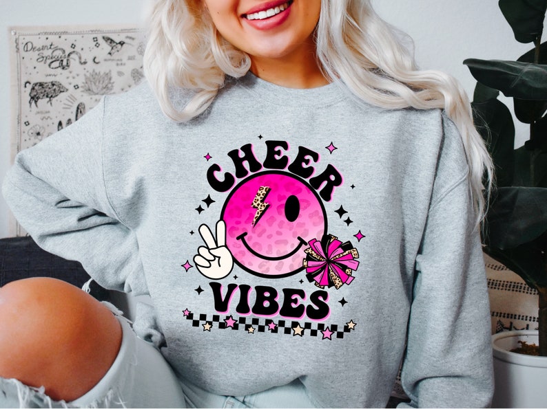 Cheer Vibes Pink Smiley Face DTF Transfers, Ready to Press, T-shirt ...