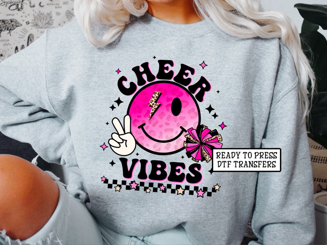 Cheer Vibes Pink Smiley Face DTF Transfers, Ready to Press, T-shirt ...