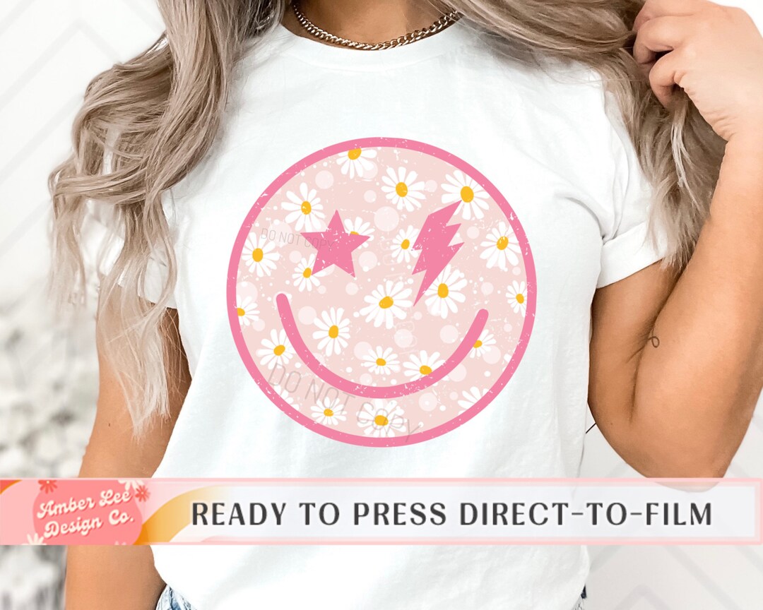 Pink Daisy Smiley Face DTF Transfers, Ready to Press, T-shirt Transfers ...