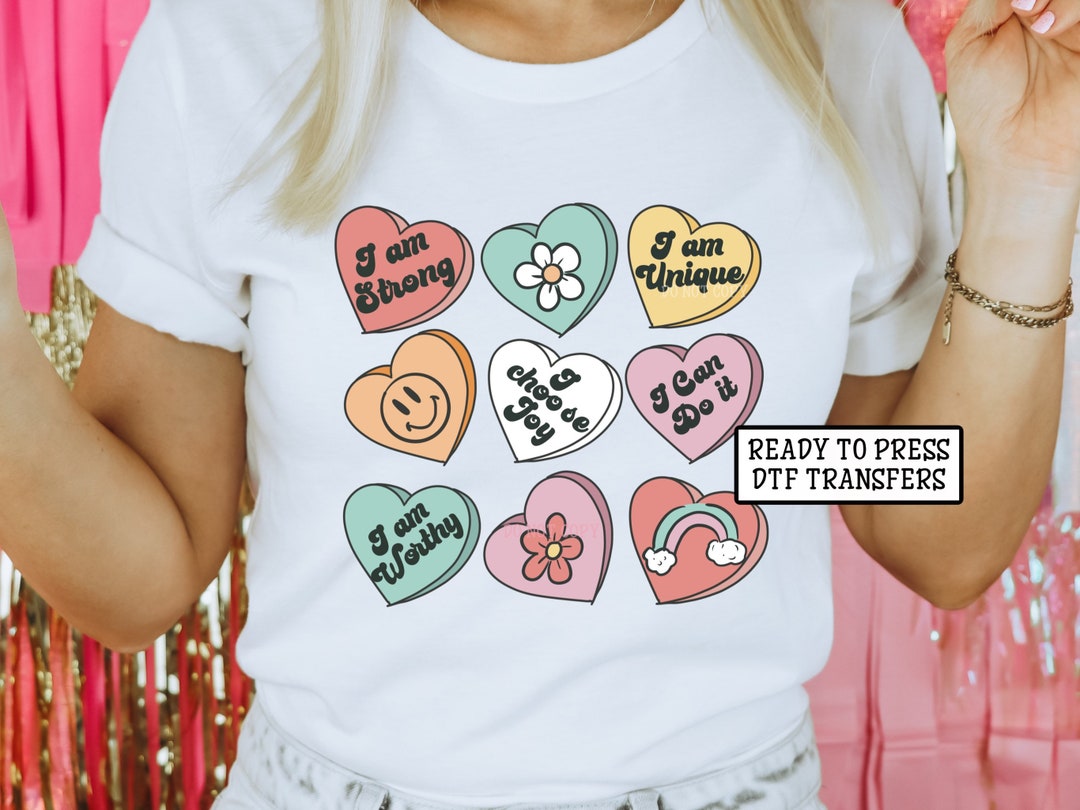 Affirmation Hearts Valentine DTF Transfers, Ready to Press, T-shirt ...