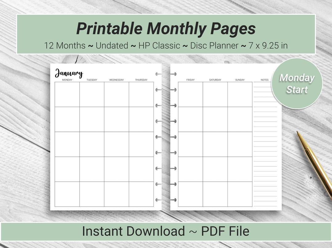 PRINTABLE Undated Monthly Inserts for HP Classic Planners, Monday Start ...