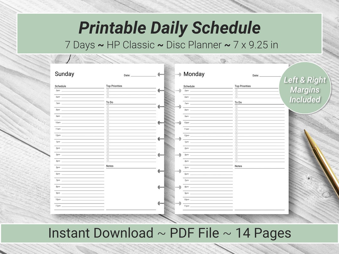 PRINTABLE Undated Daily Schedule Inserts for HP Classic Planners ...
