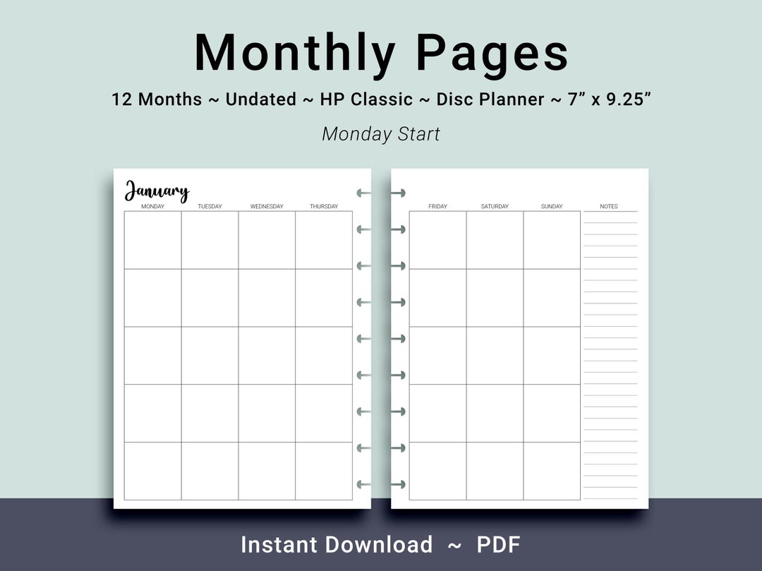PRINTABLE Undated Monthly Inserts for HP Classic Planners, Monday Start ...