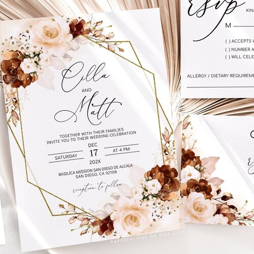 Floral Rust Wedding Invitation Template Burnt Orange Arch - Etsy