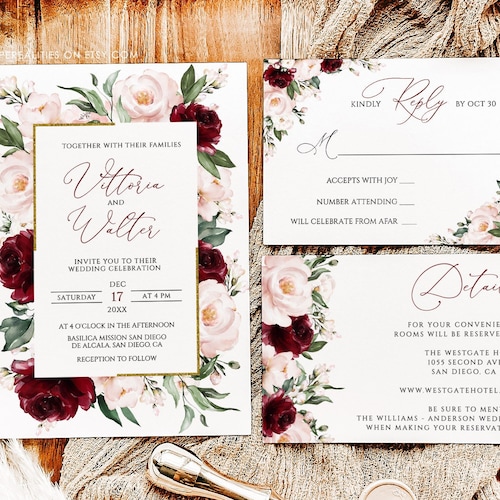 Burgundy Floral Wedding Invitation Template Set Printable - Etsy