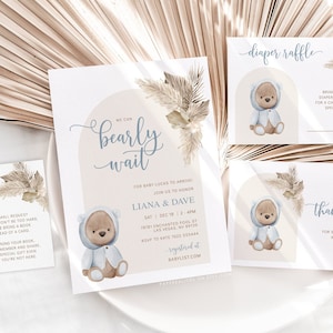 Plantilla de invitación de baby shower de oso boho, niño de baby shower ...