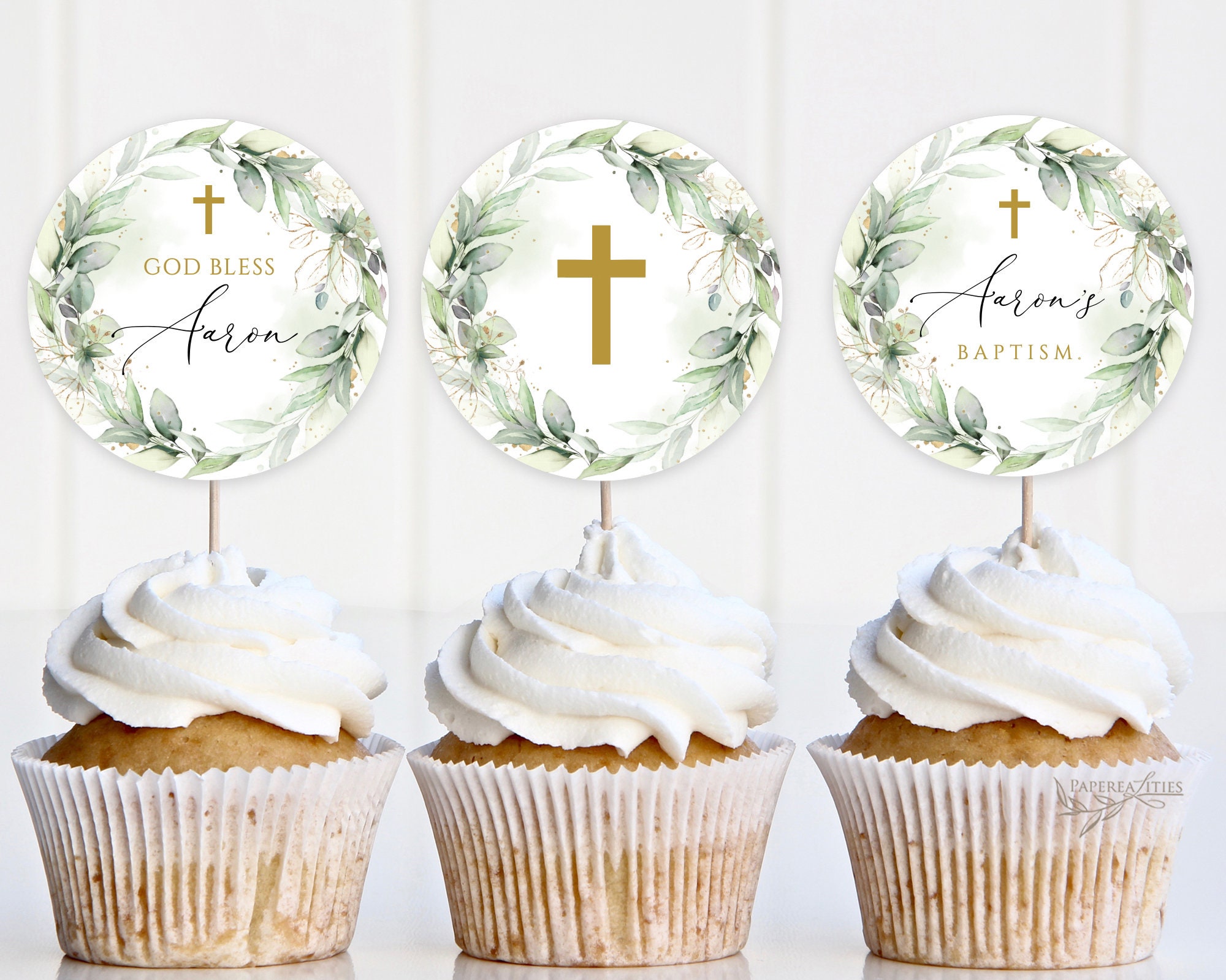 Greenery Baptism Cupcake Toppers Template, Printable Editable Cupcake ...
