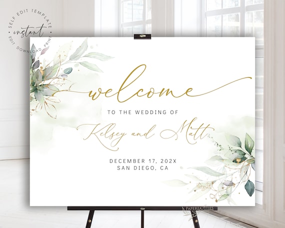 KELSEY Minimalist Greenery Wedding Welcome Sign Template | Etsy