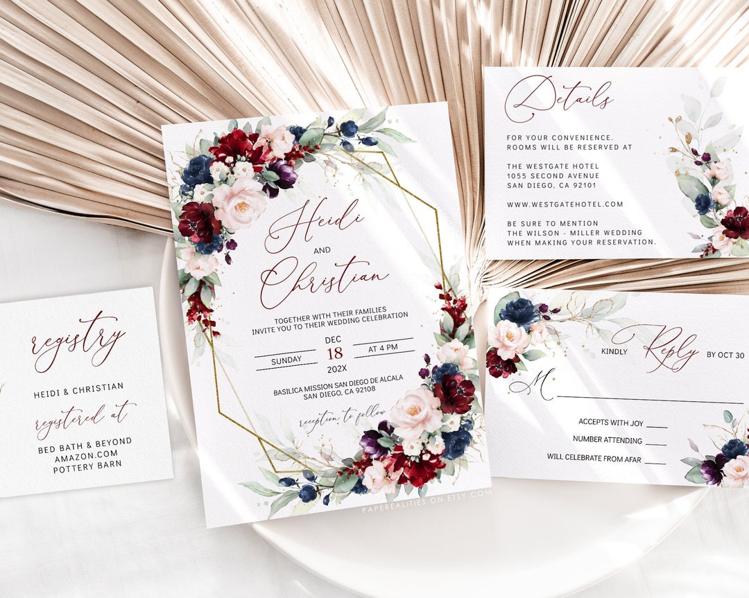 Burgundy Floral Wedding Invitation Set: Editable Template (digital ...