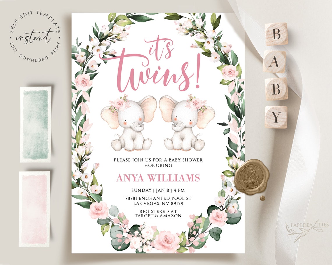 Twins Baby Shower Invitation Template Baby Shower Invitation | Etsy