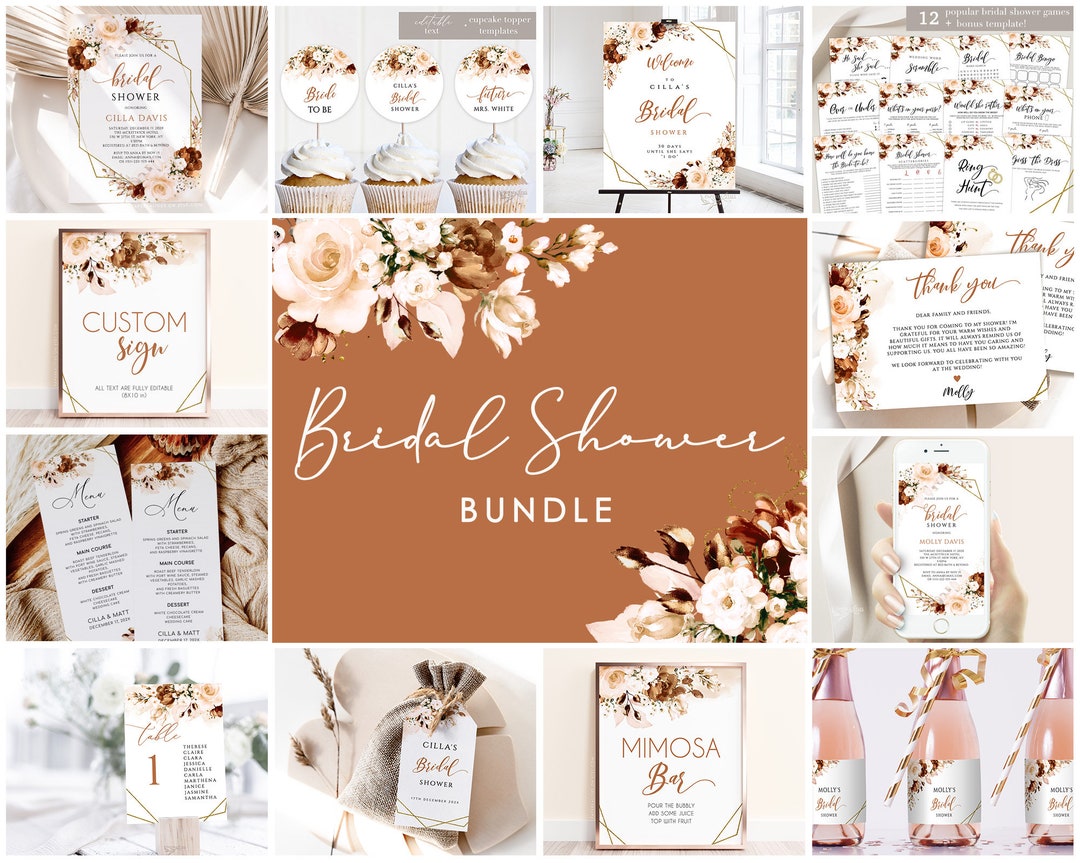 Boho Bridal Shower Bundle Templates, Burnt Orange Beige Bridal Shower ...