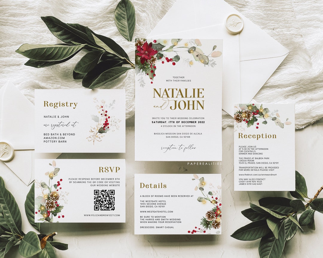 Christmas Themed Wedding Invitation Template, Winter Wedding Invitation ...