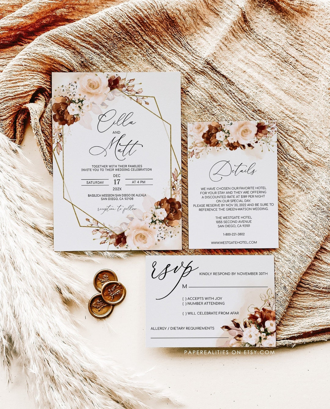 CILLA - Burnt Orange Wedding Invitation Template, Rust Wedding ...