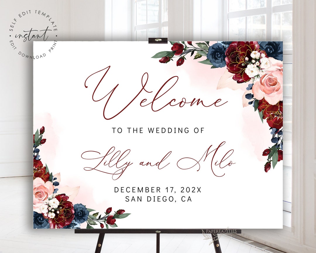 LILLY - Navy Burgundy Wedding Welcome Sign Template, Floral Burgundy ...
